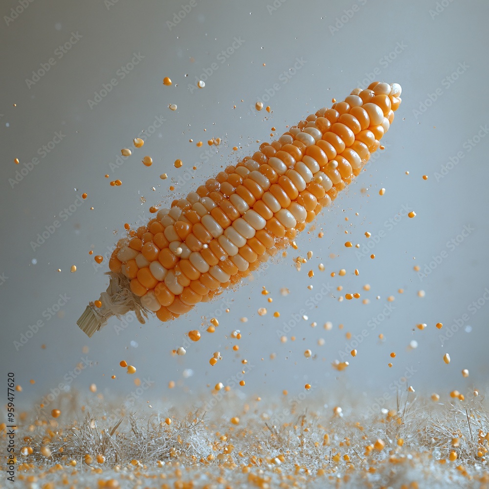 Ear of corn dropping, frozen in air, minimalistic white background ...