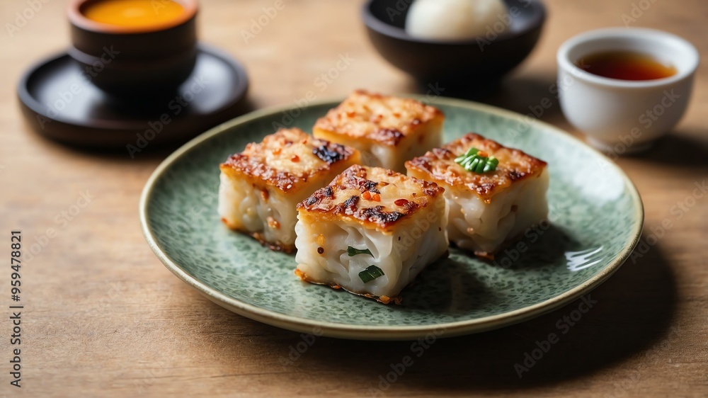 chinese dim sum dish turnip cake isolated on an aesthetic plating ...