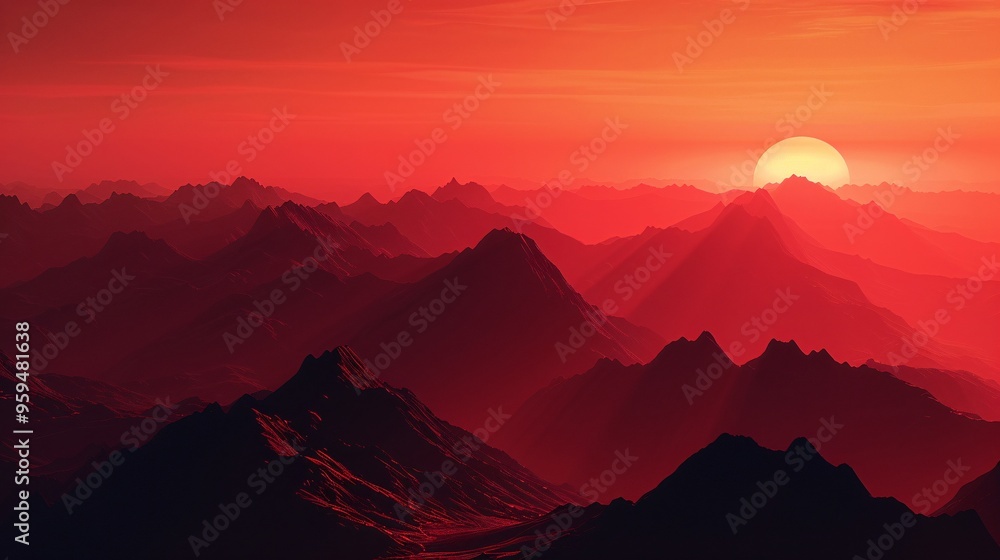 The shadowy forms of mountains illuminated by the soft red light of a ...