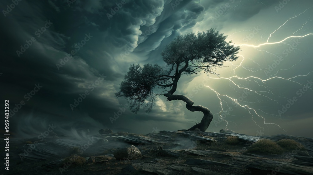 An isolated tree in a vast landscape, bracing against fierce winds as a ...