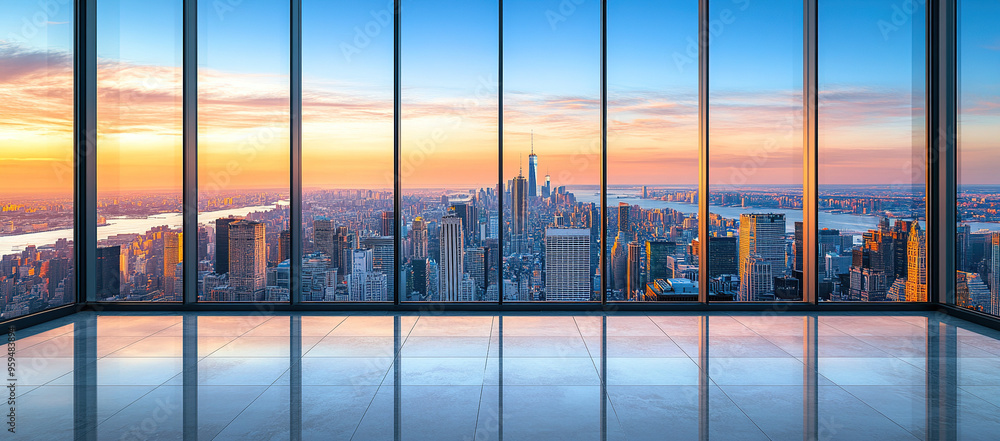 Modern office interior featuring panoramic floor-to-ceiling windows ...