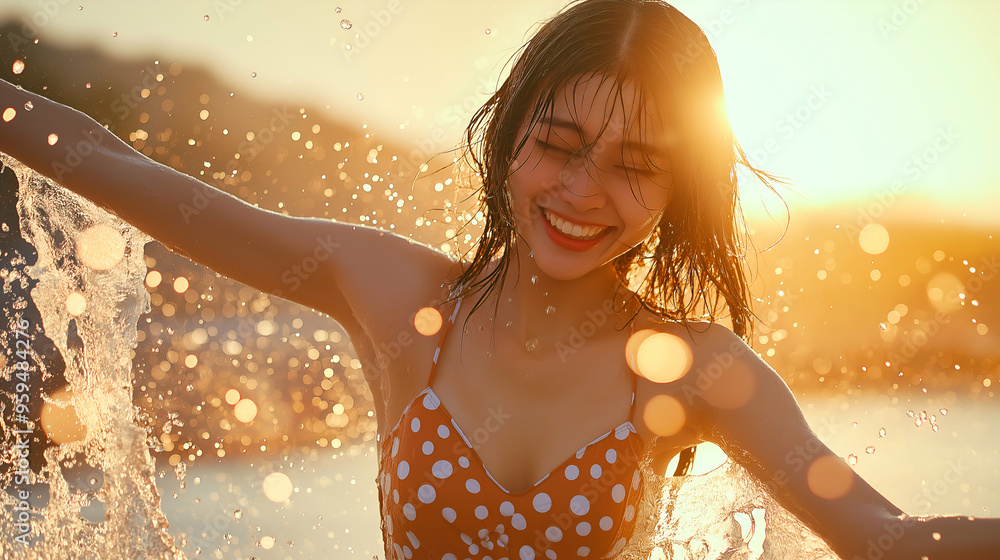 Sun-Kissed Joy: A radiant woman in a polka-dot bikini spins with glee as water splashes around ...