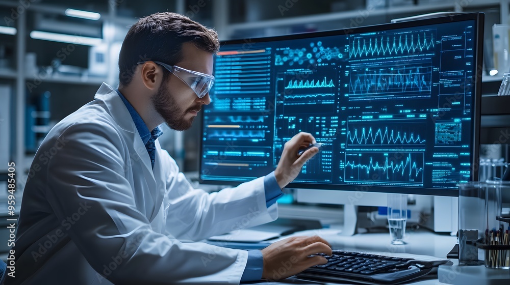 Scientist in a biotech lab using AI-driven analysis to study cell ...