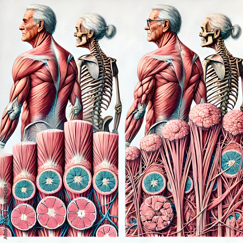 3D showing gradual degeneration of muscle tissue in elderly individuals ...