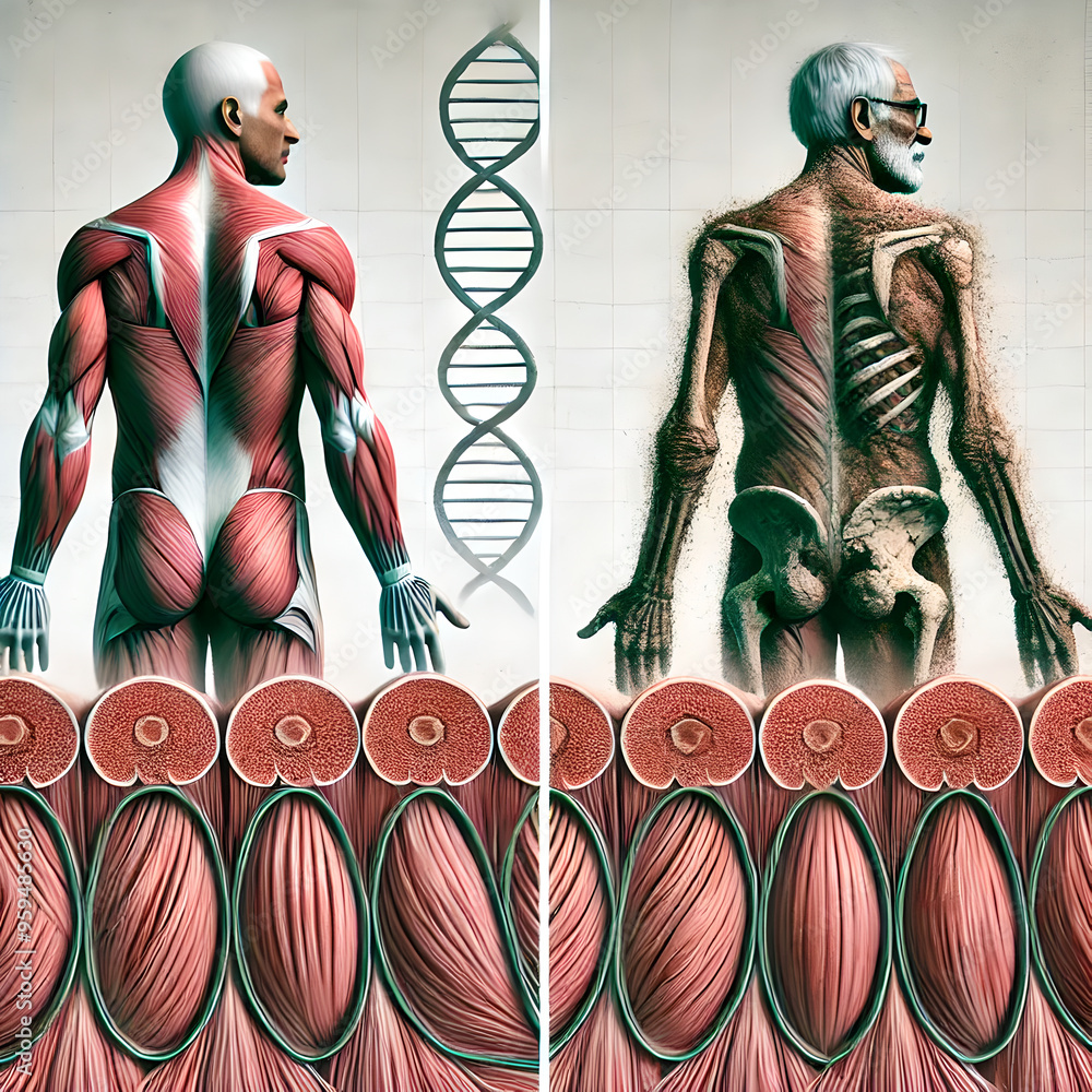 3D showing gradual degeneration of muscle tissue in elderly individuals ...