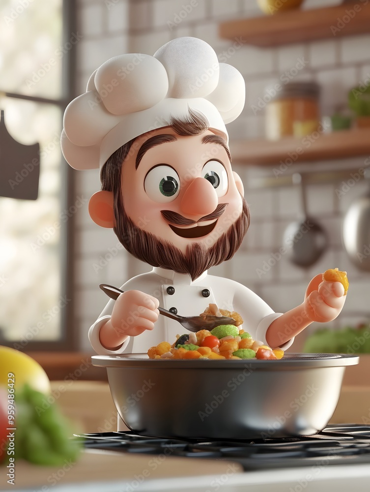 Skilled cartoon character chef in 3D animation efficiently preparing a ...