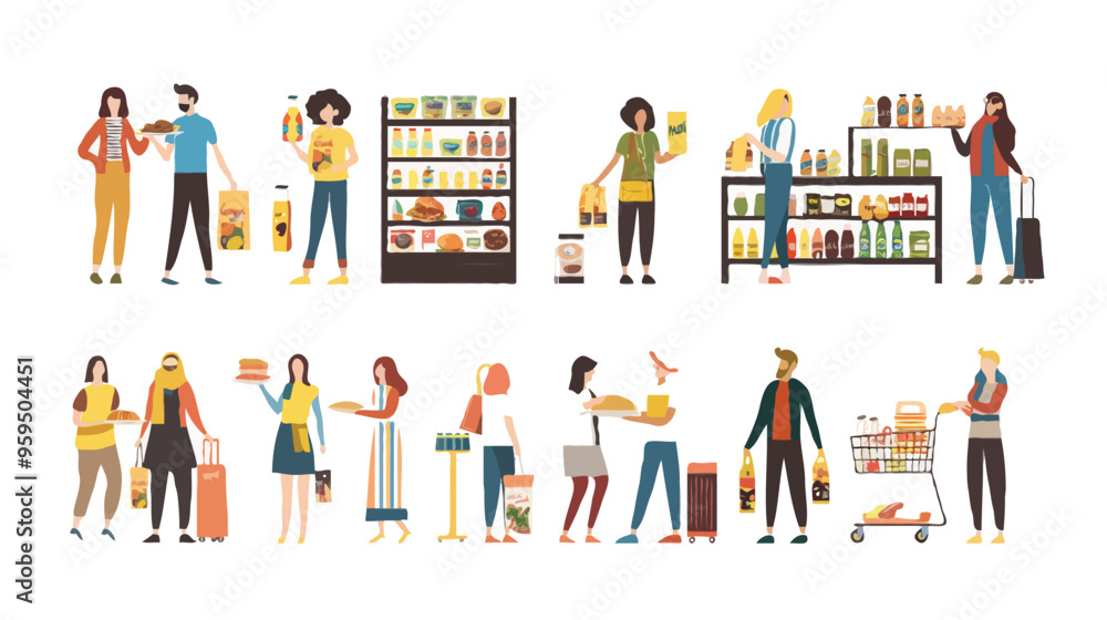 Set of different customers in a grocery store. People make purchases of ...