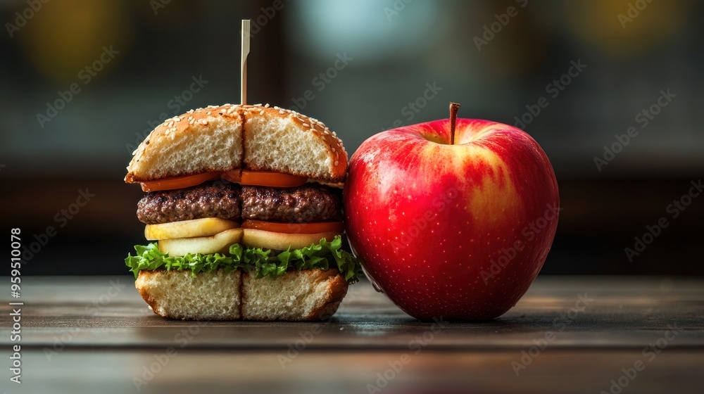 Close up Image of hamburger and apple split in half. Concept of diet ...