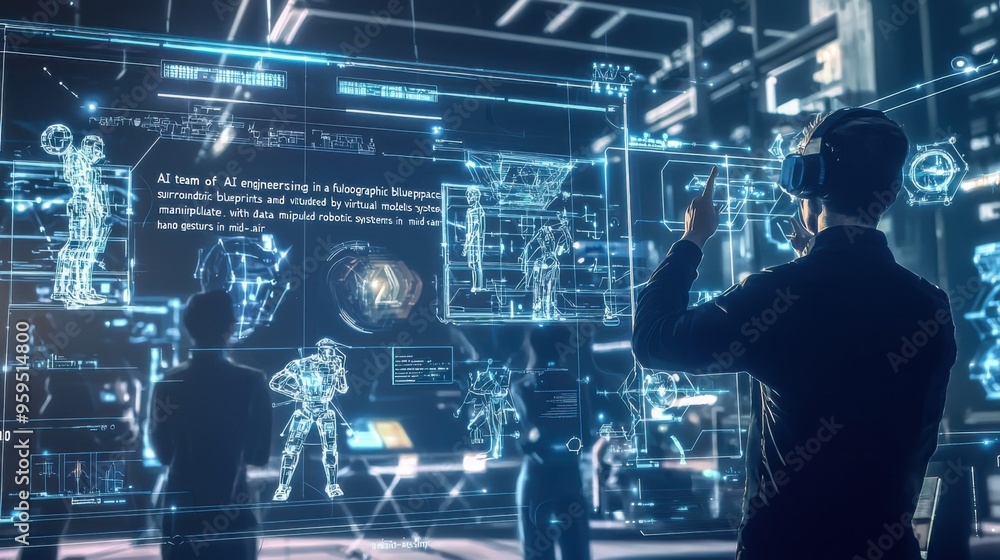 "A team of AI engineers collaborating in a futuristic workspace ...
