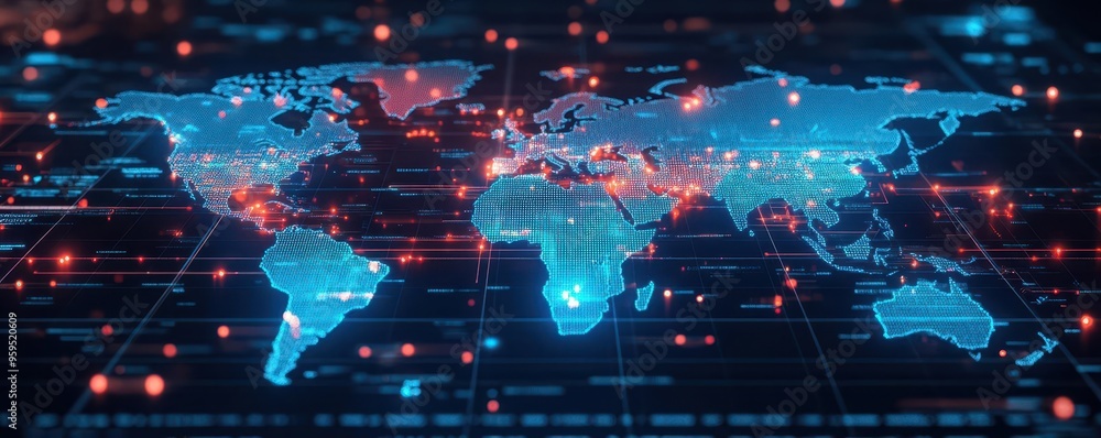 Digital world maps with expanding regions highlighted, representing ...