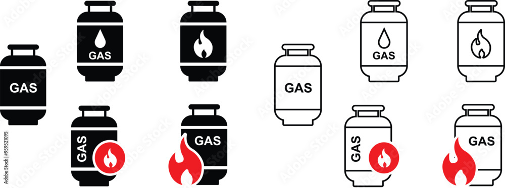Set of Gas tank icons in black Flat, line styles. Lpg propane bottles ...