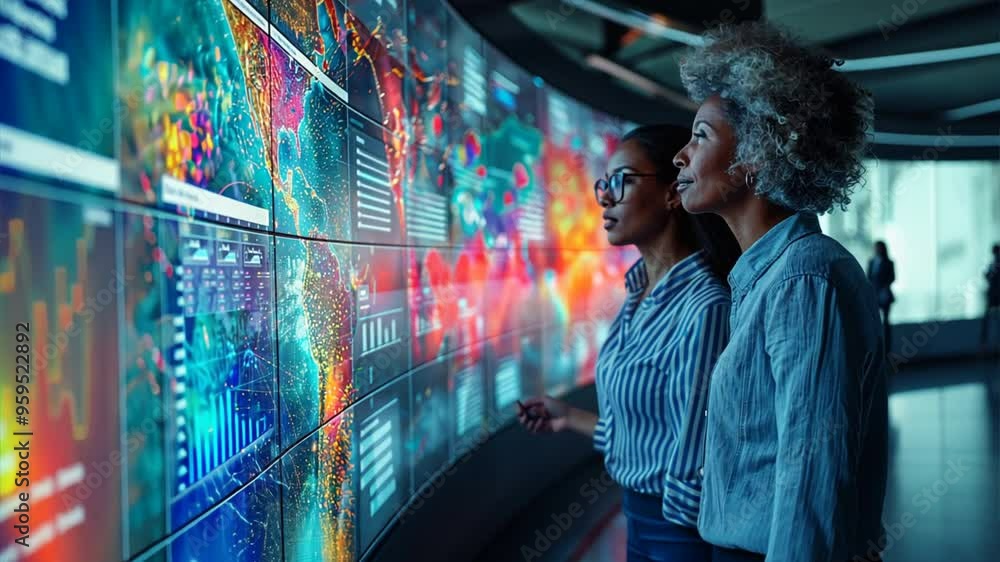 Data-Driven Insights: Two female business professionals examine a wall ...