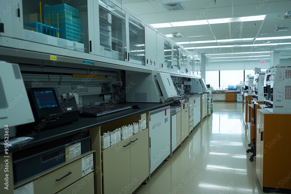 Biotechnology lab equipped with robotic systems for drug discovery and ...