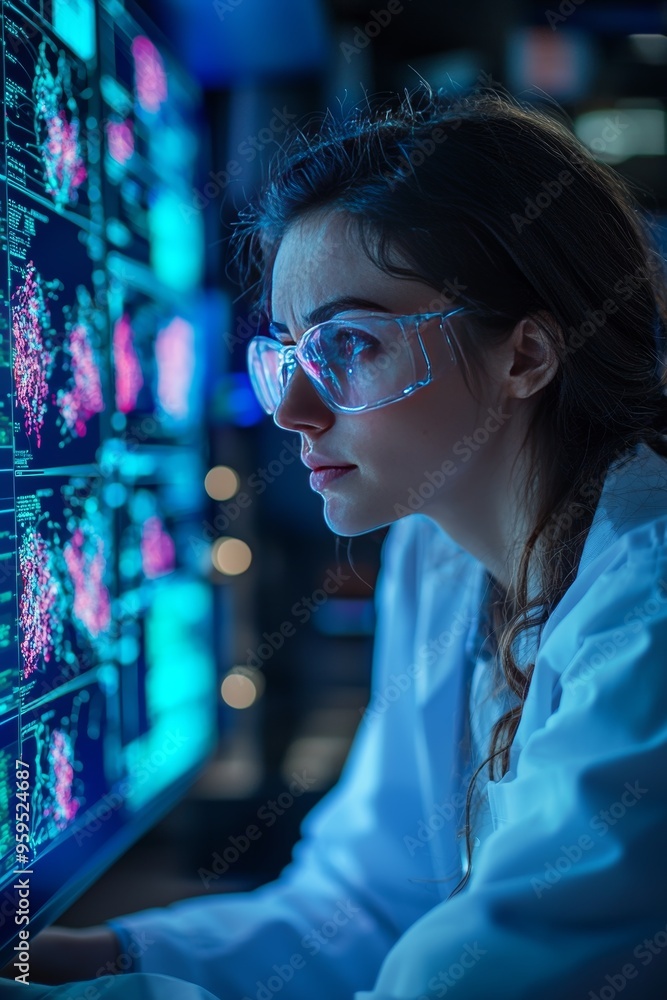 Scientist in a biotech lab using AI-driven analysis to study cell ...