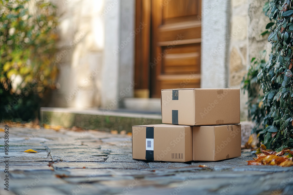 Contactless delivery service during quarantine. Two carton boxes ...