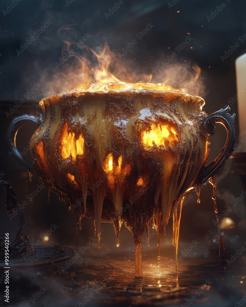 A cauldron with bubbling liquid and flames, dripping with melted wax ...