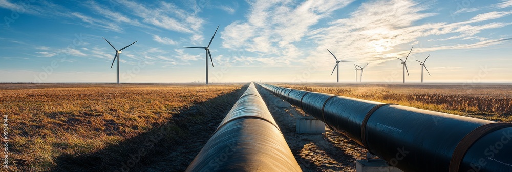 A long hydrogen pipeline stretches into the distance, lined by several ...