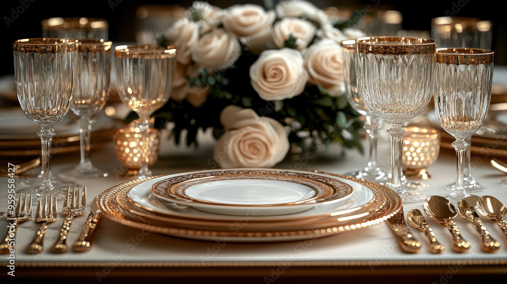 Gold Table Settings: Tables set with gold cutlery, plates, and glasses ...