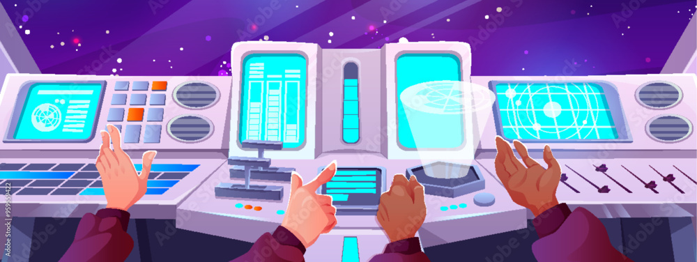 Spaceship cockpit interior with male pilot hands on control panel ...