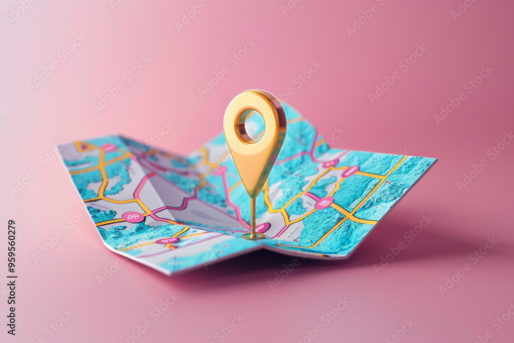 Location folded paper map, search bar and pin isolated. GPS and ...