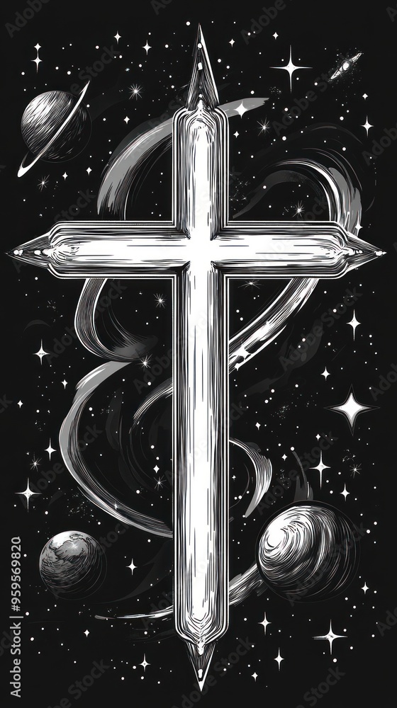 A white cross with a shining light in the center is shown against a ...