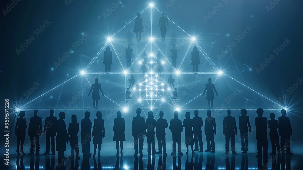 Silhouette of standing person with pyramid shape network structure ...