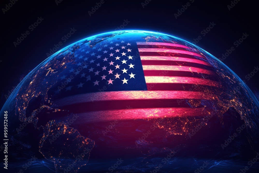 A large, glowing American flag casting a shadow over the globe ...