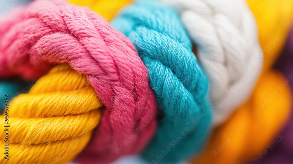 Vibrant ropes are tightly tied in an expertly crafted knot ...