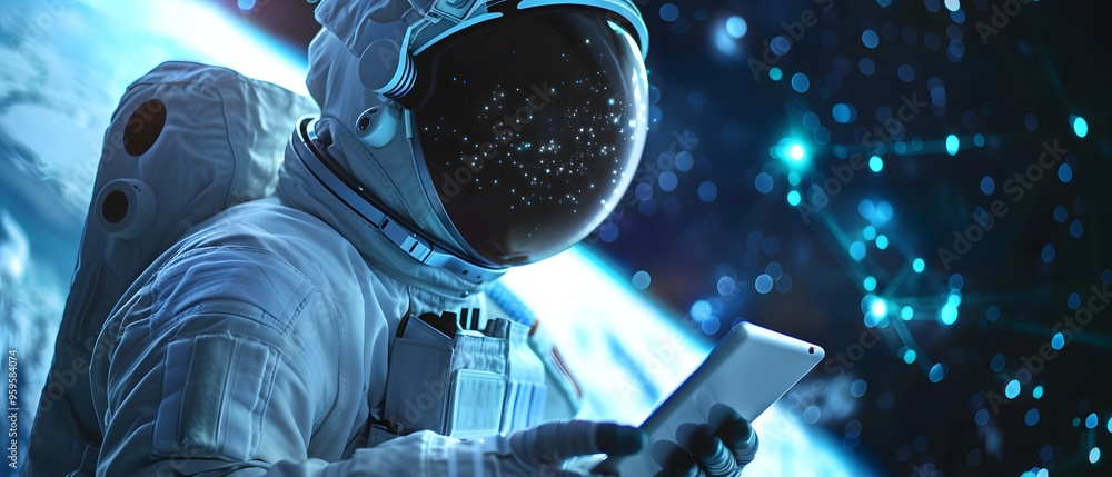 Astronaut in space suit using a tablet device against a stunning ...