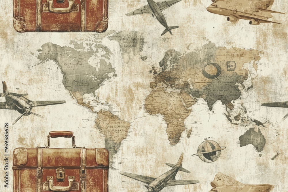 Pattern featuring vintage-inspired travel motifs like suitcases ...
