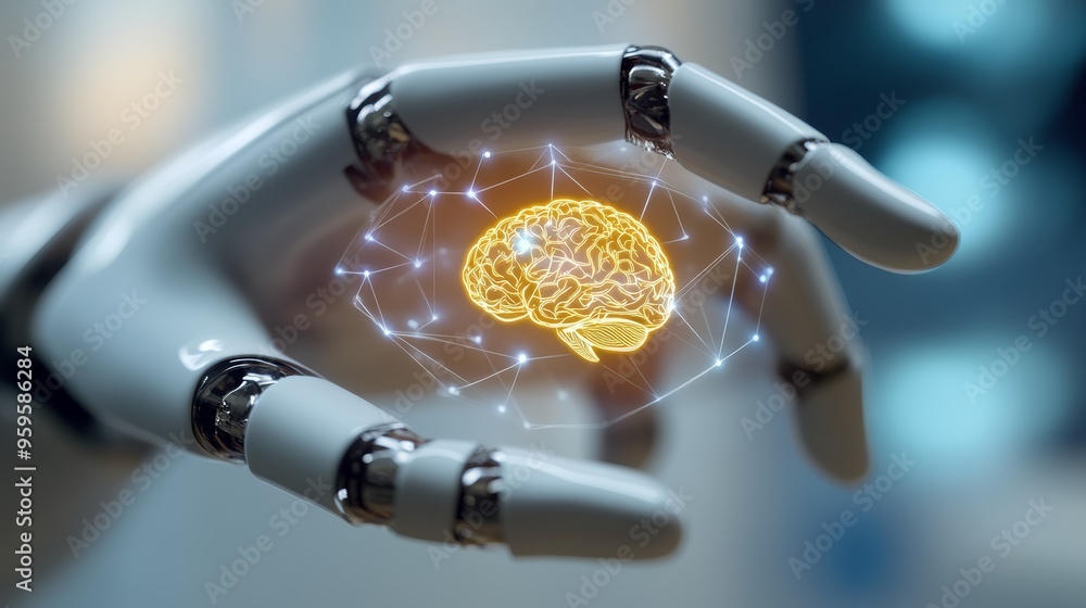 An AI-powered robot is touching the glowing yellow brain scan icon on ...