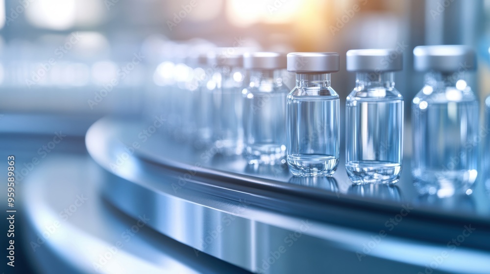 Photograph of clear glass vials on a production line, highlighting ...