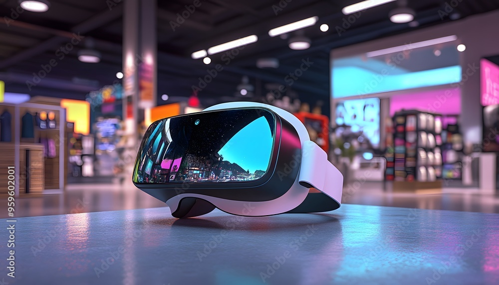 A modern virtual reality headset displayed in a tech store, showcasing ...