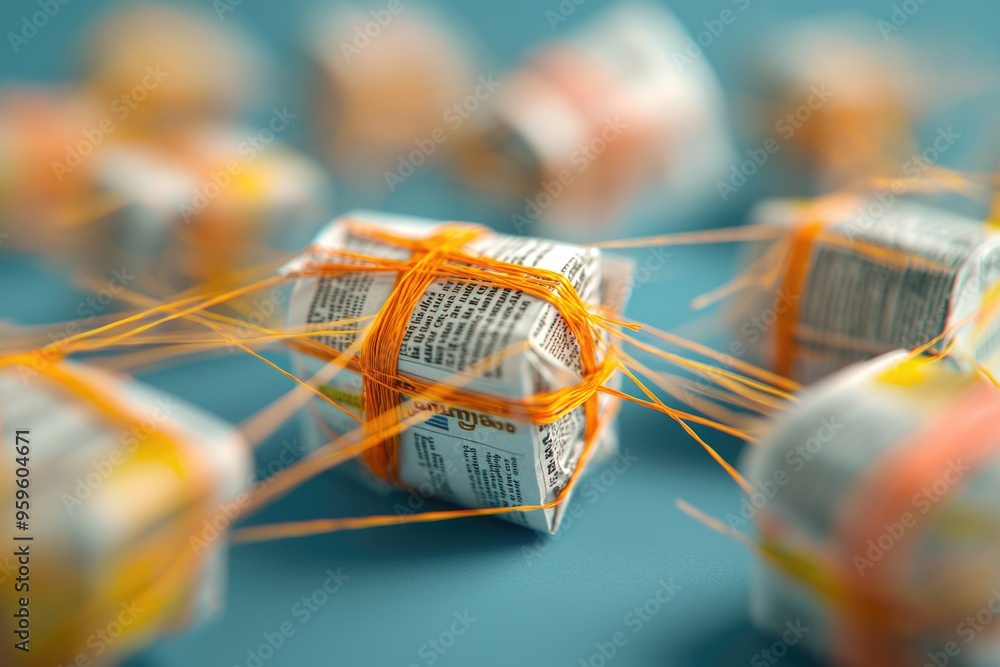 A complex web of strings connecting fake news labels, visual metaphor ...