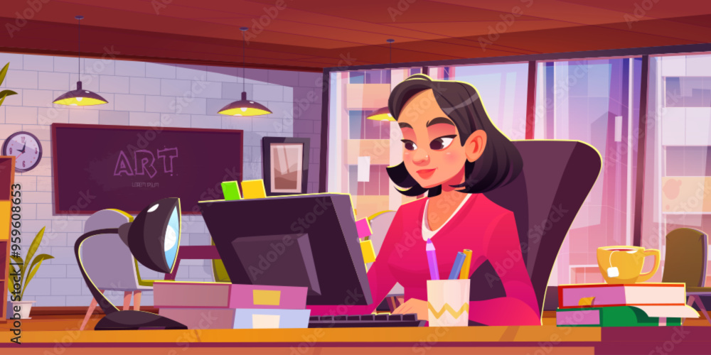 Young woman working at table in office room interior. Cartoon vector ...