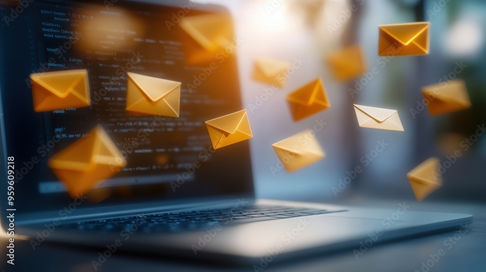 Digital communication concept with floating envelopes over a laptop ...