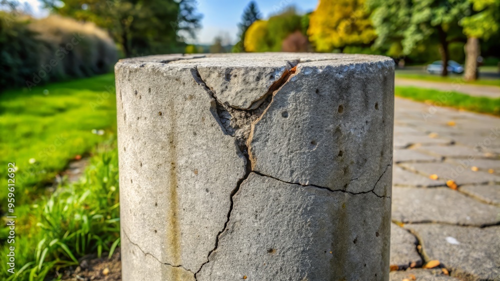 A cylindrical concrete post, worn from years of exposure, displays a ...