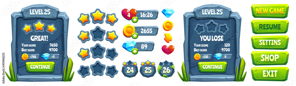 Jungle stone game ui sign frame cartoon vector. Leaf button, panel ...