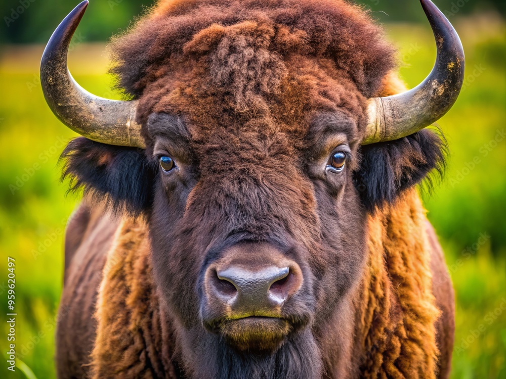A close-up photo image of an American buffalo head reveals the rugged ...
