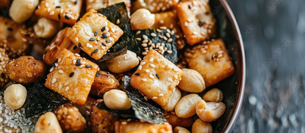 Close up of senbei a traditional Japanese snack in a bowl Rice crackers ...