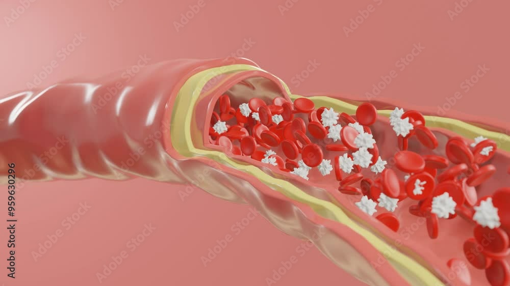 Red blood cells flow inside an artery, vein. Healthy arterial cross ...