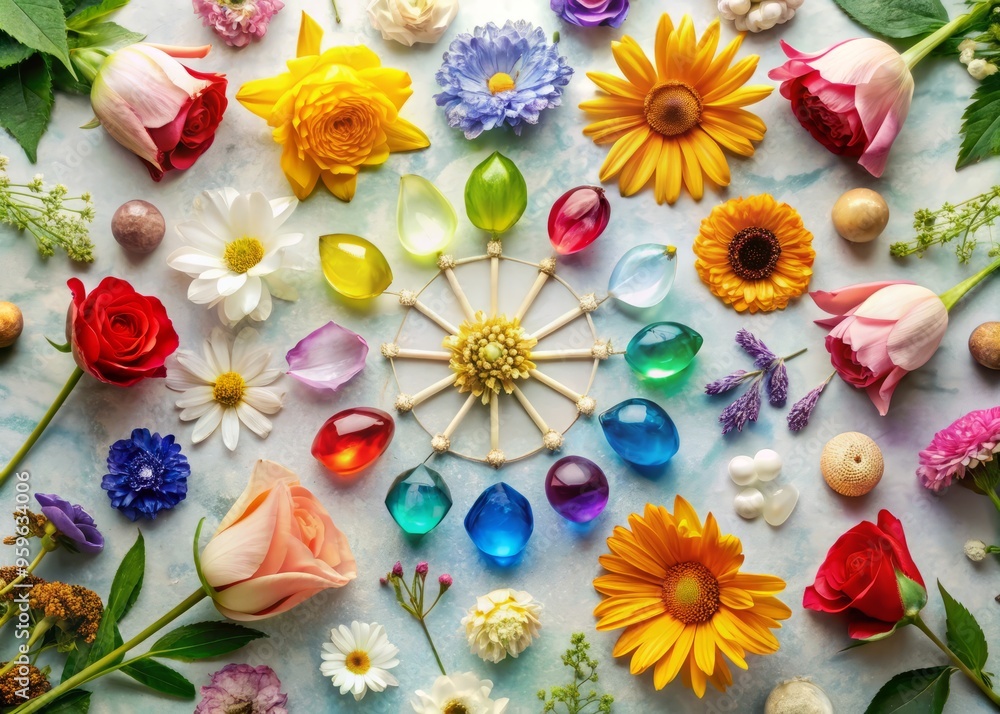 A vibrant collage of birth month symbols featuring stylized flowers ...