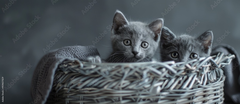 Two adorable grey Russian Blue kittens are in a grey basket against a ...