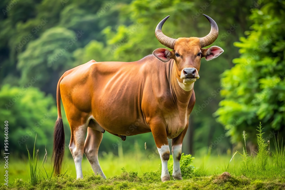 A majestic banteng stands tall in a lush meadow, its horns prominent ...