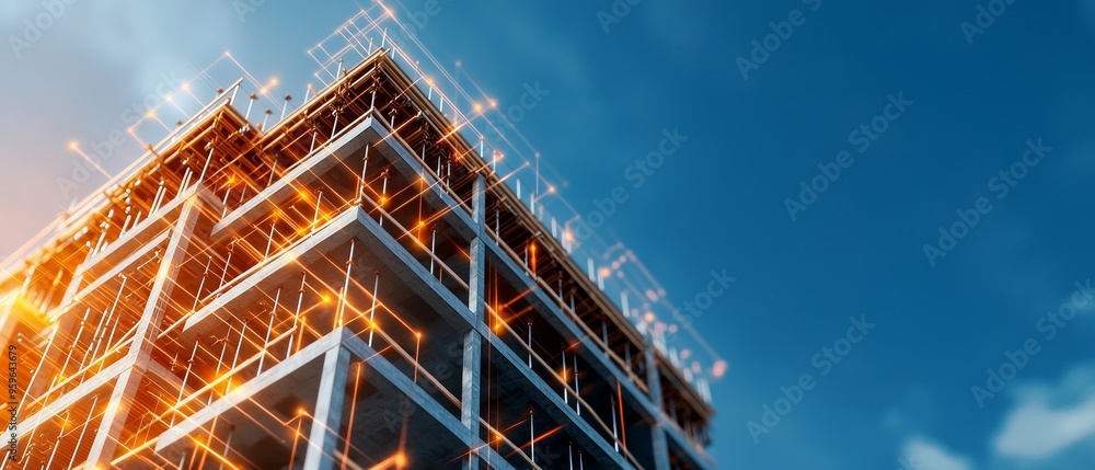 construction building with digital network lines and light nodes ...