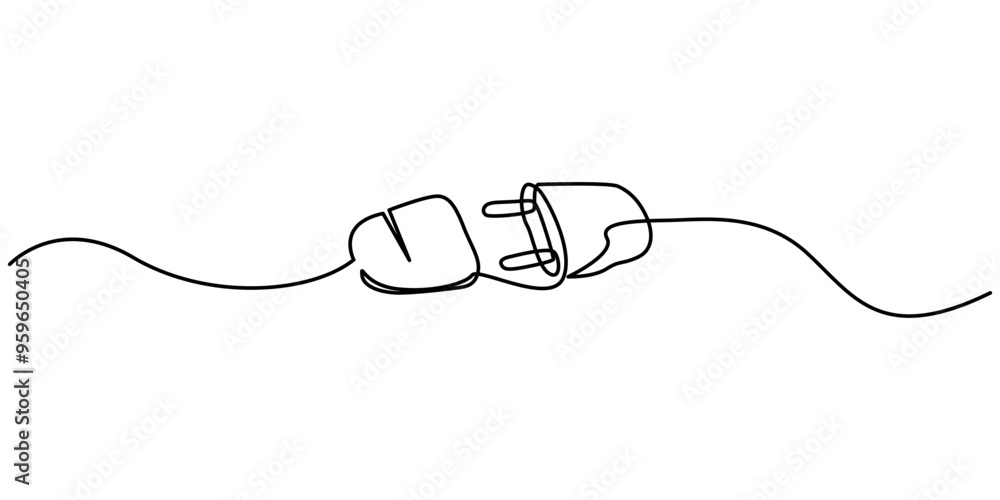 Plug inserted into electric outlet in continuous line art drawing style ...