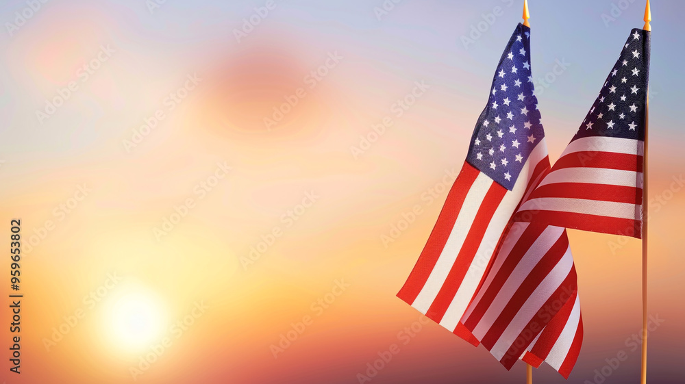 Patriotic American Flag Waving on Sunset Background for Memorial Day ...
