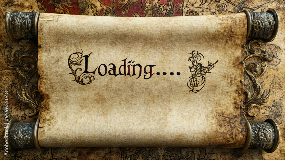 Vector-style loading screen with parchment scroll as loading bar ...