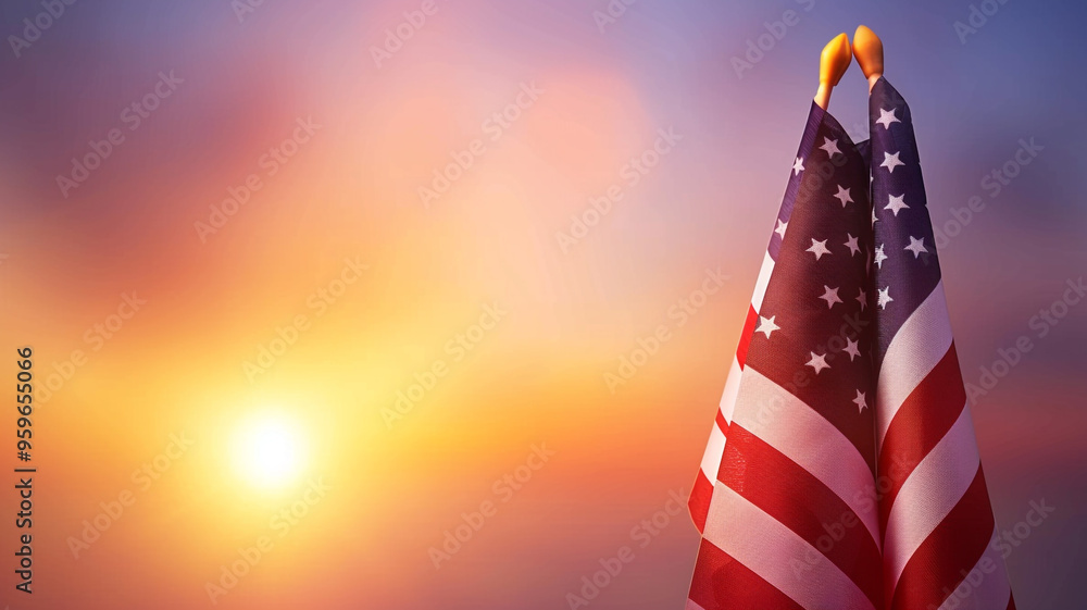 Patriotic American Flag Waving on Sunset Background for Memorial Day ...