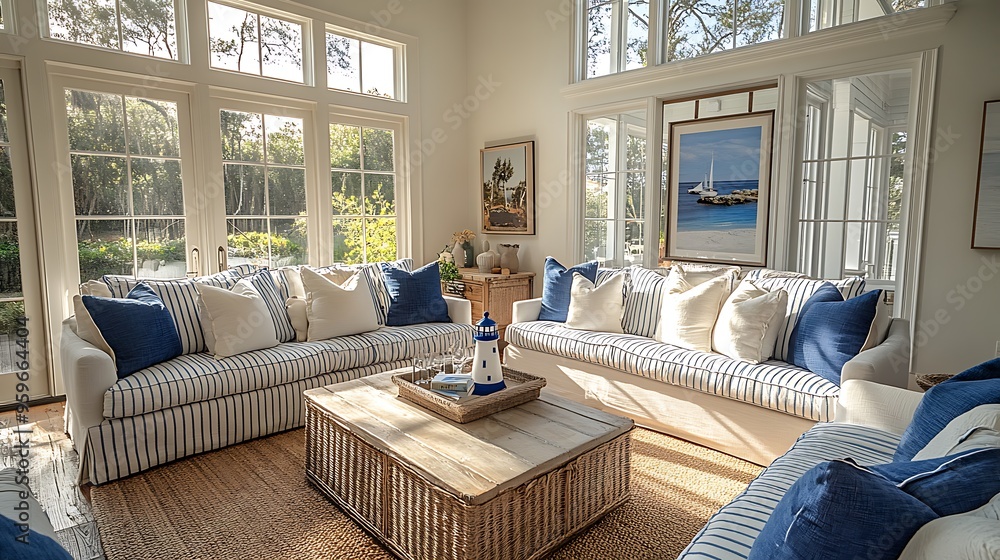 A classic Cape Cod living room featuring traditional sofas with blue ...